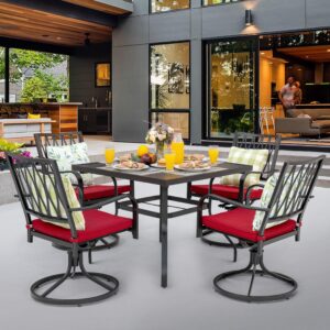 NUU GARDEN 5 Piece Outdoor Dining Set, Outdoor Furniture Set for Square Iron Umbrella Dining Table and 4 Cushioned Swivel Chairs, Black and Red Cushion