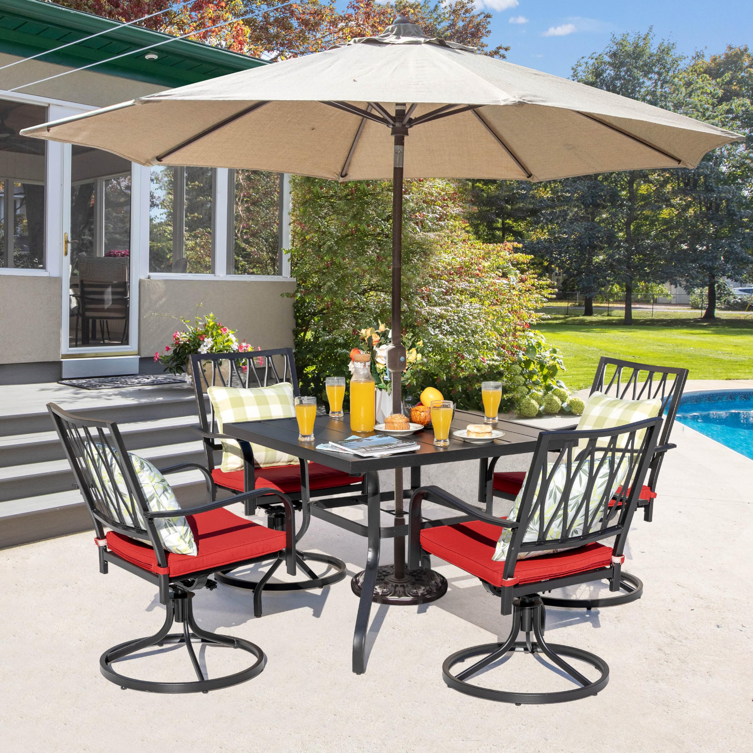 NUU GARDEN 5 Piece Outdoor Dining Set, Outdoor Furniture Set for Square Iron Umbrella Dining Table and 4 Cushioned Swivel Chairs, Black and Red Cushion