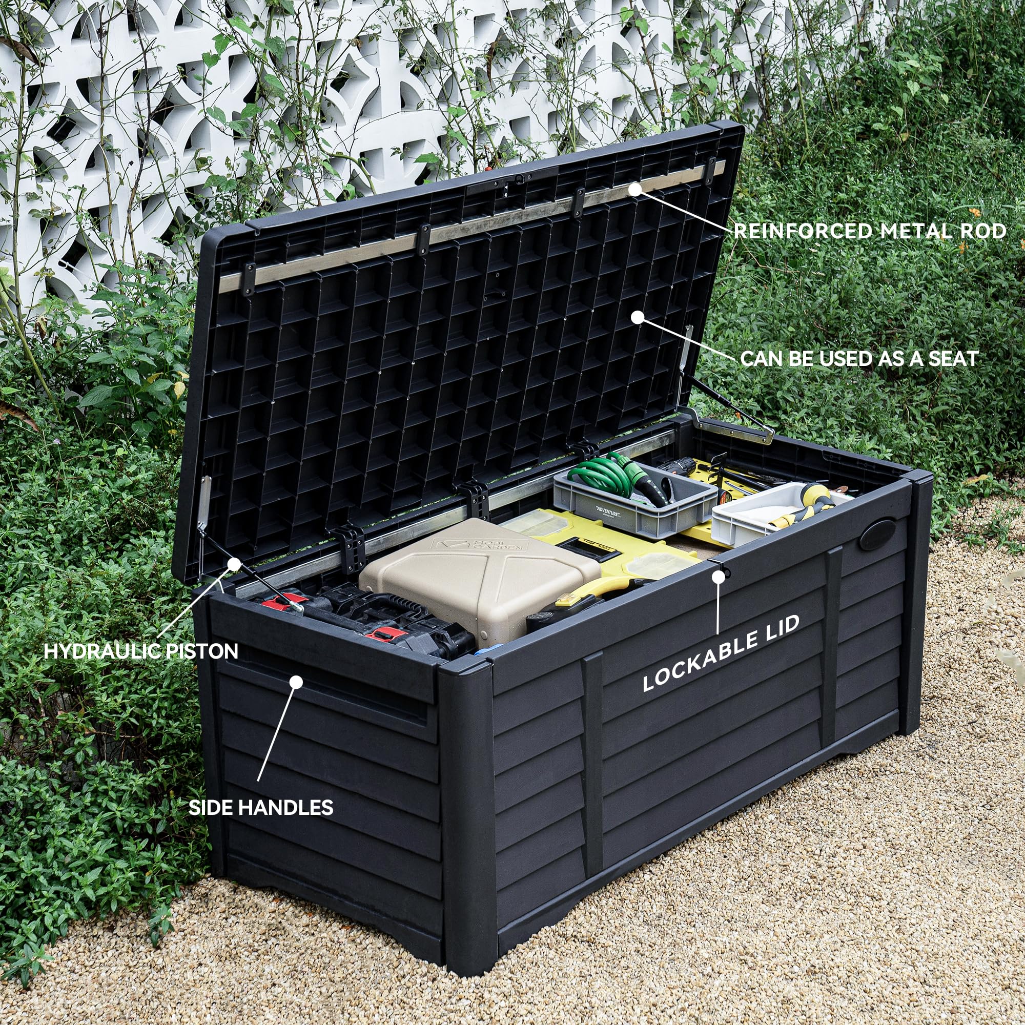 DWVO Outdoor Louver Storage Deck Box w/120 Gallon Capacity, Large Storage Box for Outdoor Pillows, Garden Tools and Pool Supplies, Resin, Waterproof, Lockable (Black)