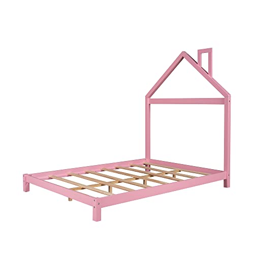 LostCat Full Size Wood Platform Bed with House-Shaped Headboard, Floor Bed with Solid Wood Slats, Full Size Kids House Platform Bed Wood Bed Frames for Boys,Girls, No Box Spring Needed, Pink