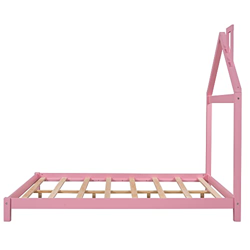 LostCat Full Size Wood Platform Bed with House-Shaped Headboard, Floor Bed with Solid Wood Slats, Full Size Kids House Platform Bed Wood Bed Frames for Boys,Girls, No Box Spring Needed, Pink