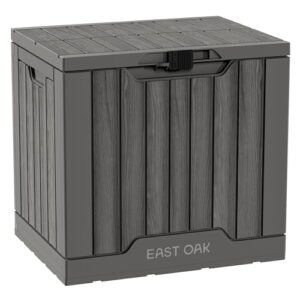 east oak outdoor storage box | 31 gallon deck box indoor and outdoor use | waterproof resin storage bin with latch for patio cushions, gardening tools | uv resistant | deep grey