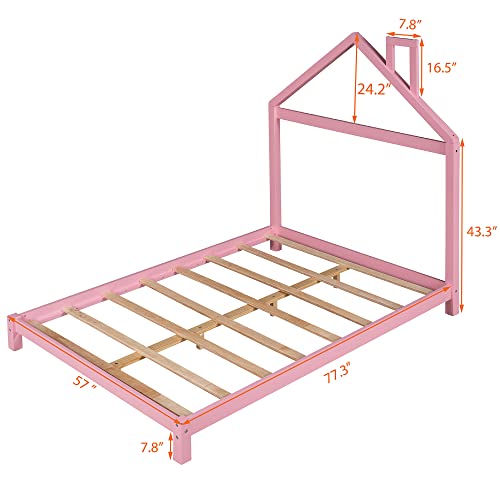 LostCat Full Size Wood Platform Bed with House-Shaped Headboard, Floor Bed with Solid Wood Slats, Full Size Kids House Platform Bed Wood Bed Frames for Boys,Girls, No Box Spring Needed, Pink