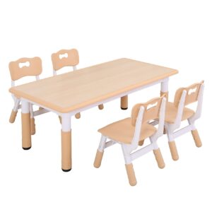 unicoo kids study table and chairs set, height adjustable plastic children art desk with 4 seats, kids multi activity table set (maple top + nature board)