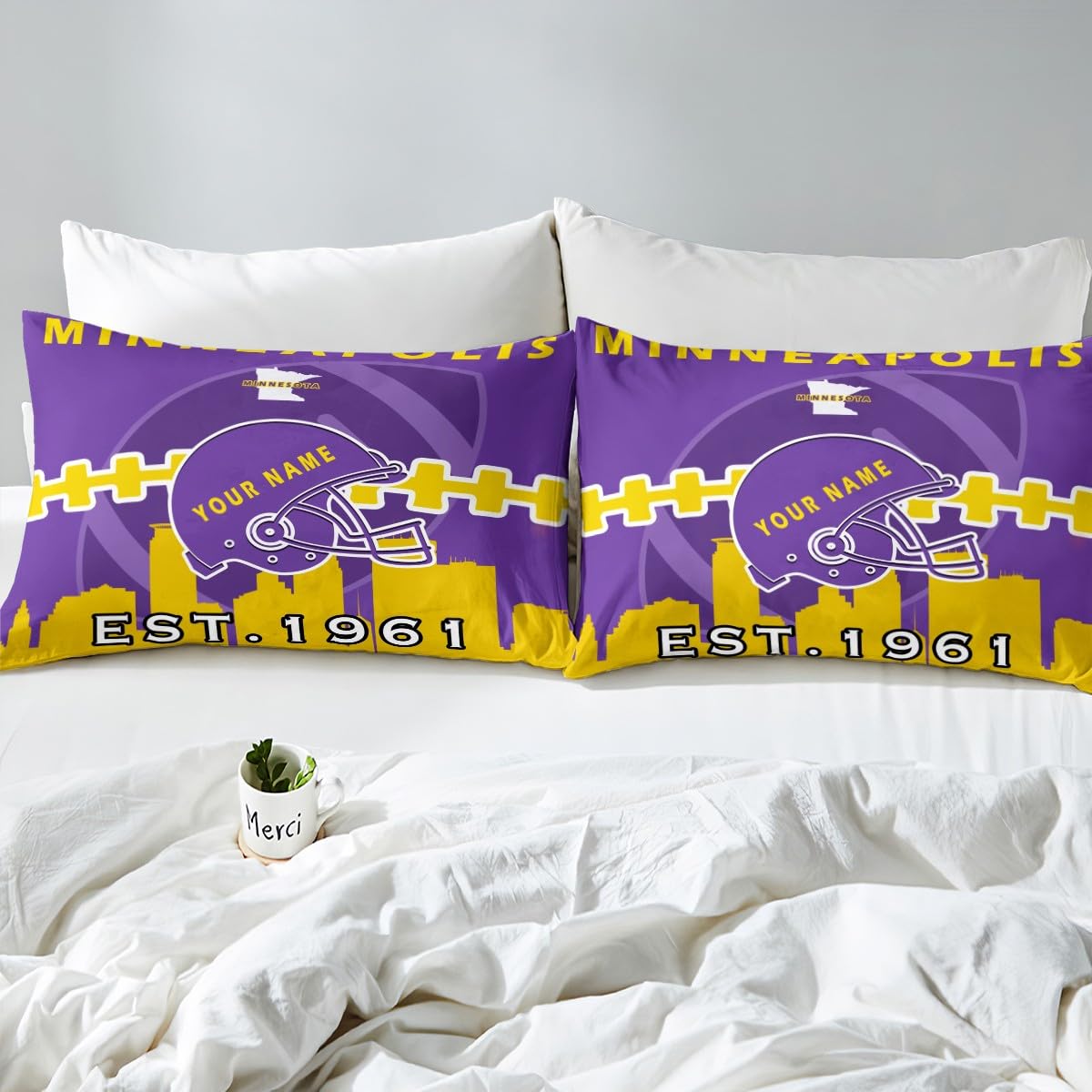 Erosebridal Customized Football Bed Sheets Set for Boys,American Football Sheet Set Twin,American Football City Sheets,Sports Flat Fitted Sheet with 1 Pillowcase,Orange Purple(Minnesota)