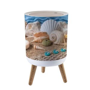 small trash can with lid for bathroom kitchen office diaper decoration seashells shell a sea urchin a beach sand are decorated bedroom garbage trash bin dog proof waste basket cute decorative