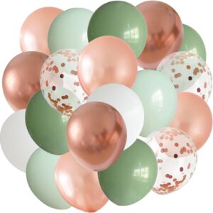 ansomo sage green and rose gold latex balloons 12 inch 50 pcs party decorations matte white pink spring chrome confetti balloons wedding birthday bridal baby shower graduation décor supplies