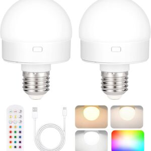 Rechargeable Battery Operated Light Bulb with Remote Control 2 Packs, 350LM Dimmable Detachable LED Bulb with 15 Colors Selectable & 3 Timer, Wireless Puck Light Bulb for Wall Sconce, Non-Hardwired