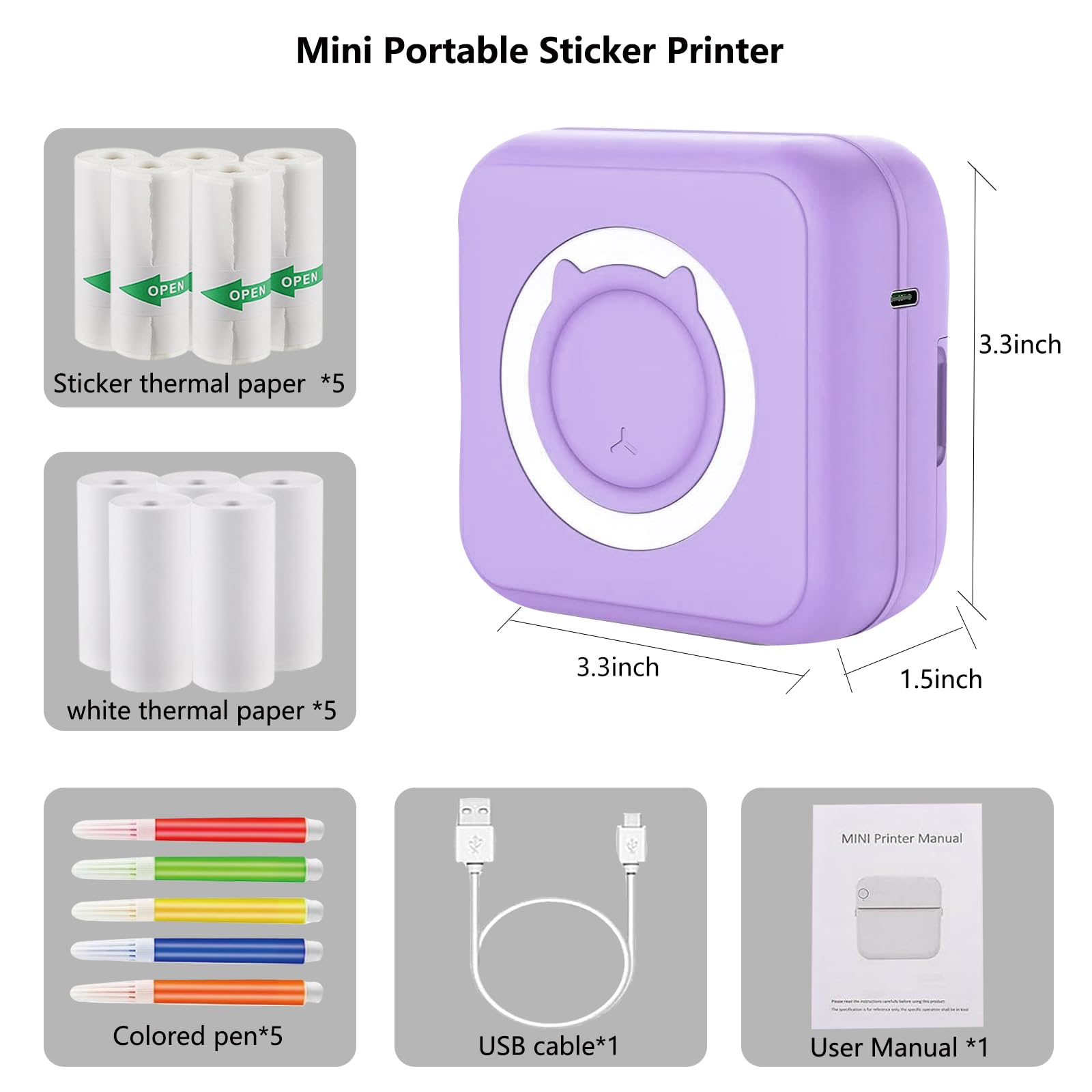 PRINHSJI Mini Printer with 11 Rolls Sticker Paper, Portable Sticker Printer Efficiently and Quickly, Mini Thermal Printer for Study Notes, Pictures,Photos, DIY, Children's Gift and Travel Label