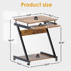 sogesfurniture Retro Computer Desk, Small Mobile Workstation with Keyboard Tray, Printer Shelf & Storage, 23.6x18.9x28.7 inches, Engineered Wood, for Home and Office