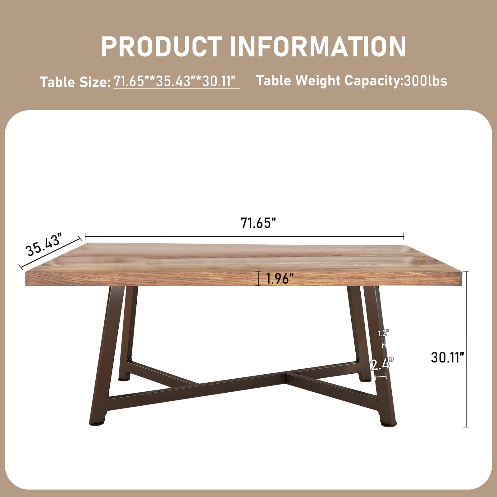 chartustriable 72 inch Solid Wood Dining Table for 4 5 6 People, Rustic Large Brown Rectangular Kitchen Dinner Tables w/Adjustable Metal Leg for Home Living Dining Room Farmhouse Office Family