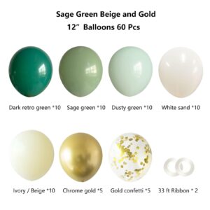 ANSOMO Sage Green Cream and Gold Latex Balloons 12 Inch 60 Pcs Party Decorations Ivory Beige Matte White Sand Rustic Retro Dark Dusty Light Confetti Balloons Wedding Birthday Bridal Baby Shower