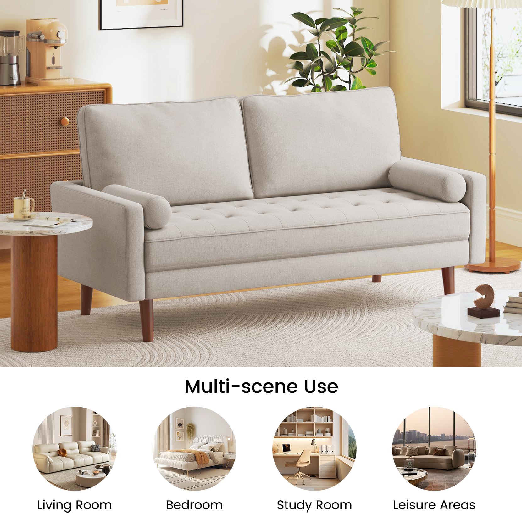 Vesgantti 2 Seater Sofa, 68 inch Fabric Couches for Living Room, Mid Century Modern Loveseat Sofas with Armrest, Button Tufted Seat Cushion, Modern Couch for Bedroom, Apartment, Office, Ashbeige