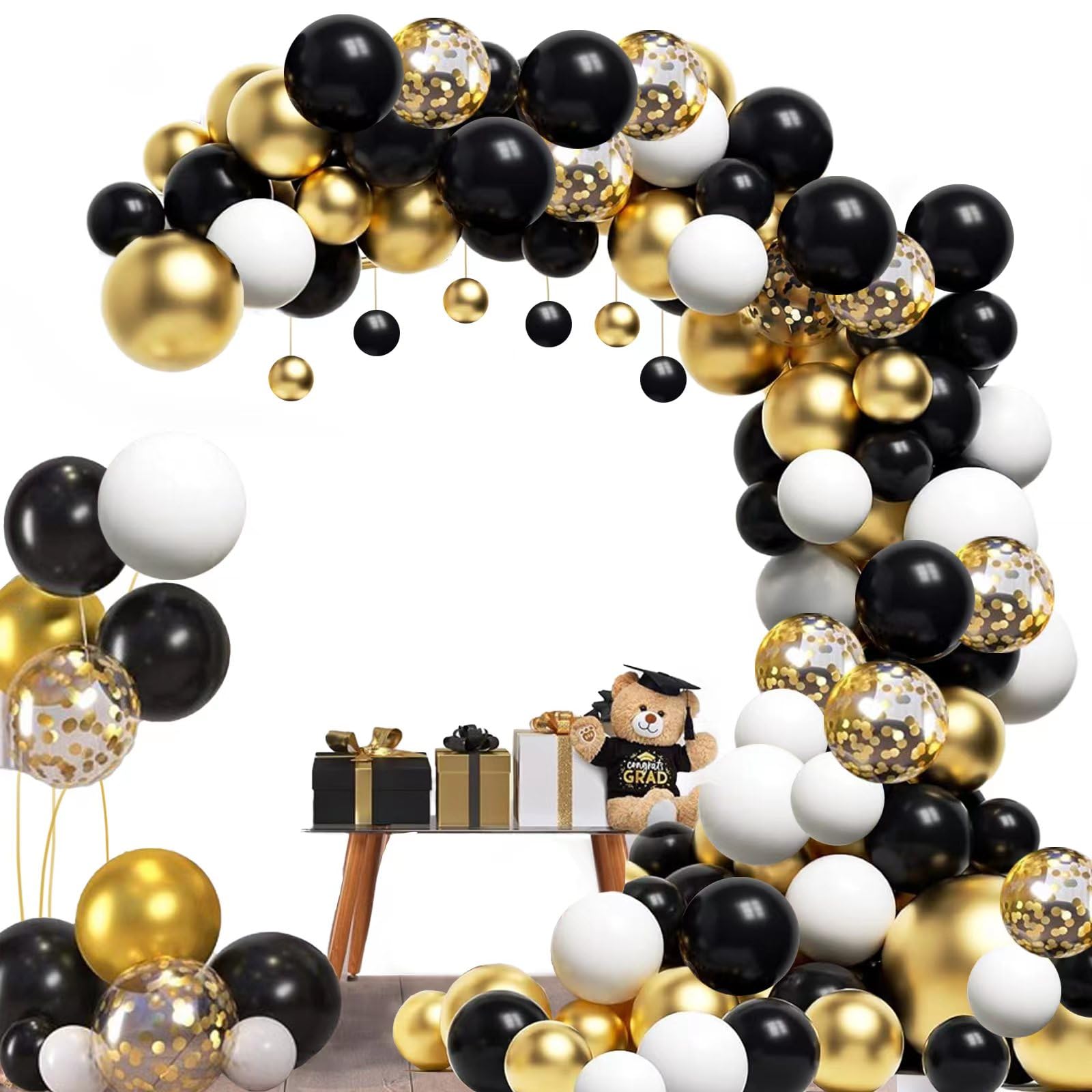 HTCAIZI 100pcs Black and Gold Balloons Garland Kit, 5 10 12 Inch Black Gold and White Balloons for Baby Shower, Wedding, Party，Graduation,Birthday for Men/Women Decorations