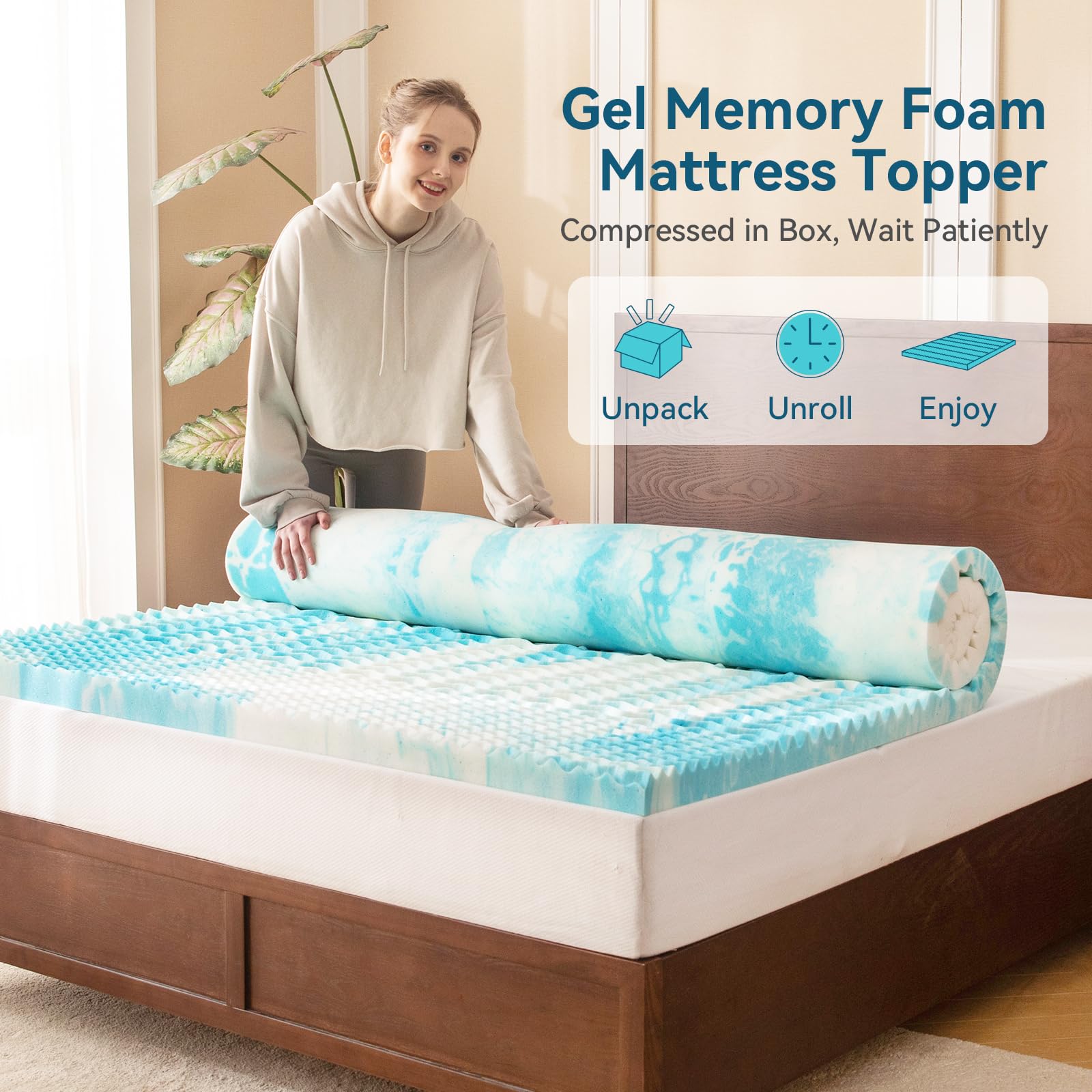 2 Inch Gel Memory Foam Mattress Topper Queen Size - Cooling Comfort for Back Pain Relief, CertiPUR-US Certified, Breathable Blue Design