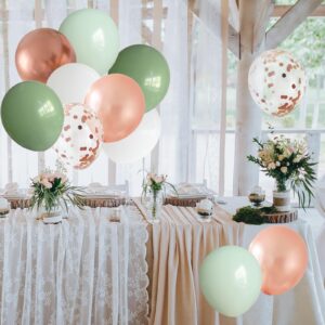 ANSOMO Sage Green and Rose Gold Latex Balloons 12 Inch 50 Pcs Party Decorations Matte White Pink Spring Chrome Confetti Balloons Wedding Birthday Bridal Baby Shower Graduation Décor Supplies