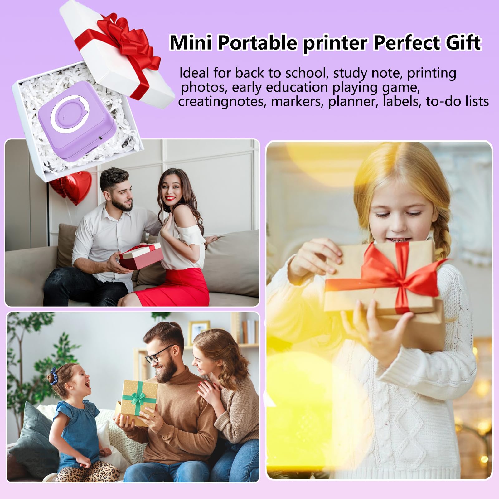 PRINHSJI Mini Printer with 11 Rolls Sticker Paper, Portable Sticker Printer Efficiently and Quickly, Mini Thermal Printer for Study Notes, Pictures,Photos, DIY, Children's Gift and Travel Label