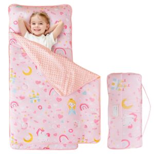 viviland toddler kid nap mat for preschool, girls pink princess slumber bag, daycare sleeping bag with pillow and blanket, kindergarten sleep mat