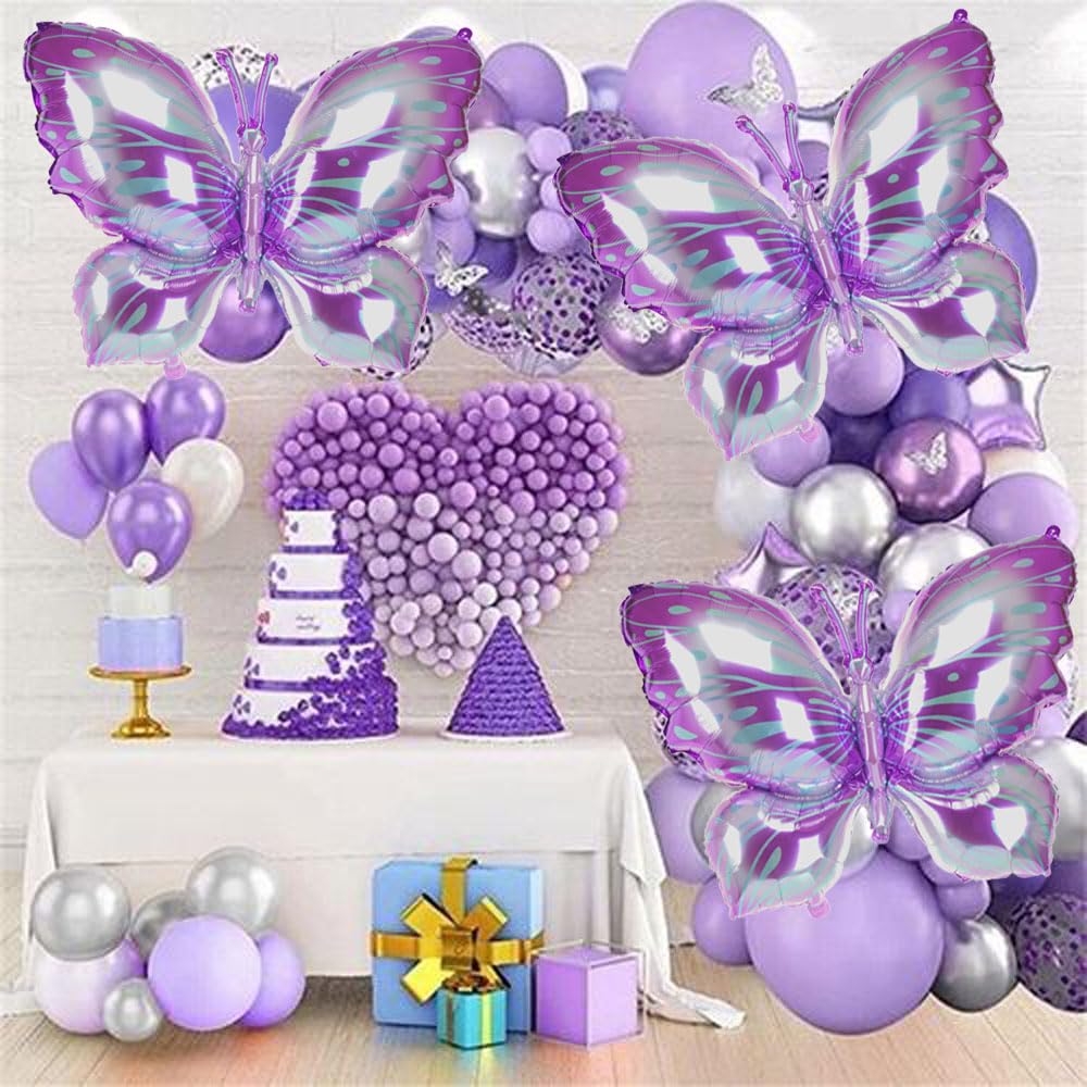 SAMOKA Butterfly Balloons,4 PCS 40 Inch Purple Butterfly Balloons,Butterfly Foil Balloons,Butterfly Birthday Decorations,Butterfly Party Decorations,Butterfly Theme Baby Shower Birthday Party Supplies