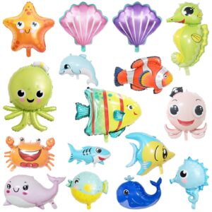 16pcs under the sea party decorations, kuaooauk large ocean themed party decorations, starfish seahorse shark crab foil balloons, sea animal balloons for kids baby shower birthday party