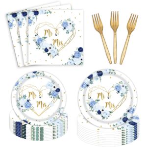 24 guests mr and mrs bridal shower party supplies, blue and white flowers hearts geometric party plates napkins forks set for couple wedding bride to be engagement party decorations