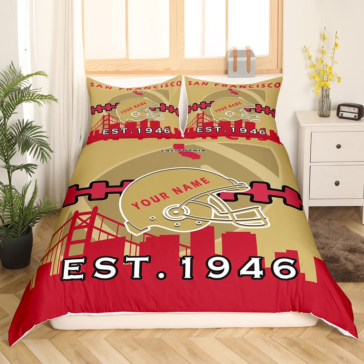 Erosebridal Custom Name Football Duvet Cover Queen,Football Bedding Set for Boys,American Football Comforter Cover,Football City Bed Sets with 2 Pillow Shams,Red Yellow(San Francisco)