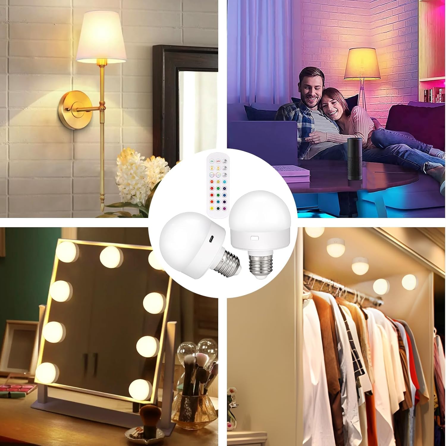 Rechargeable Battery Operated Light Bulb with Remote Control 2 Packs, 350LM Dimmable Detachable LED Bulb with 15 Colors Selectable & 3 Timer, Wireless Puck Light Bulb for Wall Sconce, Non-Hardwired