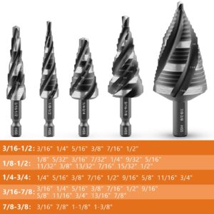 MABLEVI 5 Pcs Four Spiral Flute Step Drill Bit Set, 1/8"-1-3/8" HSS Unibit Step Drill Bit, 1/4" and 3/8" Shank Step Bit for Metal, Stainless Steel, Aluminum, Wood, Plastic