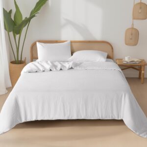 lbr02m 100% linen duvet cover set king size, bed sheets 3 piece sets, solid color natural flax soft breathable king duvet cover, all season (white)