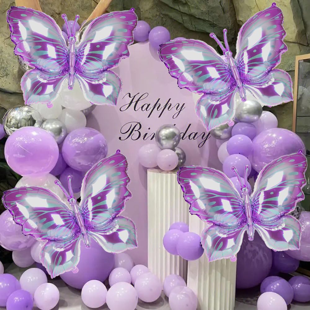 SAMOKA Butterfly Balloons,4 PCS 40 Inch Purple Butterfly Balloons,Butterfly Foil Balloons,Butterfly Birthday Decorations,Butterfly Party Decorations,Butterfly Theme Baby Shower Birthday Party Supplies