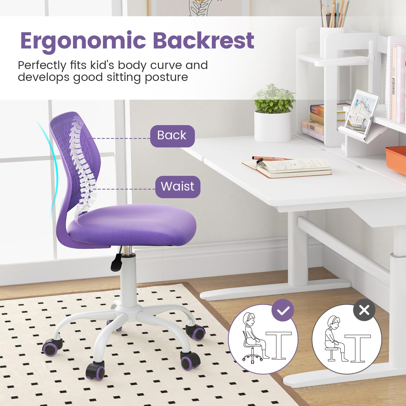 POWERSTONE Home Desk Chair Cute Office Chair Small Adjustable Swivel Task Chair Armless Writing Desk Chair for Small Space Purple