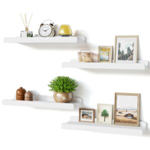 love-kankei white floating shelves for wall set of 4, wood wall shelves with lip,15.6 inch rustic hanging shelves for bedroom bathroom living room kitchen nursery display