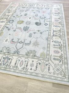 cream blue oushak rug, modern rugs, vintage, turkish, eclectic, floral, pastel, washable, small throw, accent area rug for living room, bedroom, kitchen, bathroom, 2'5"x4'9