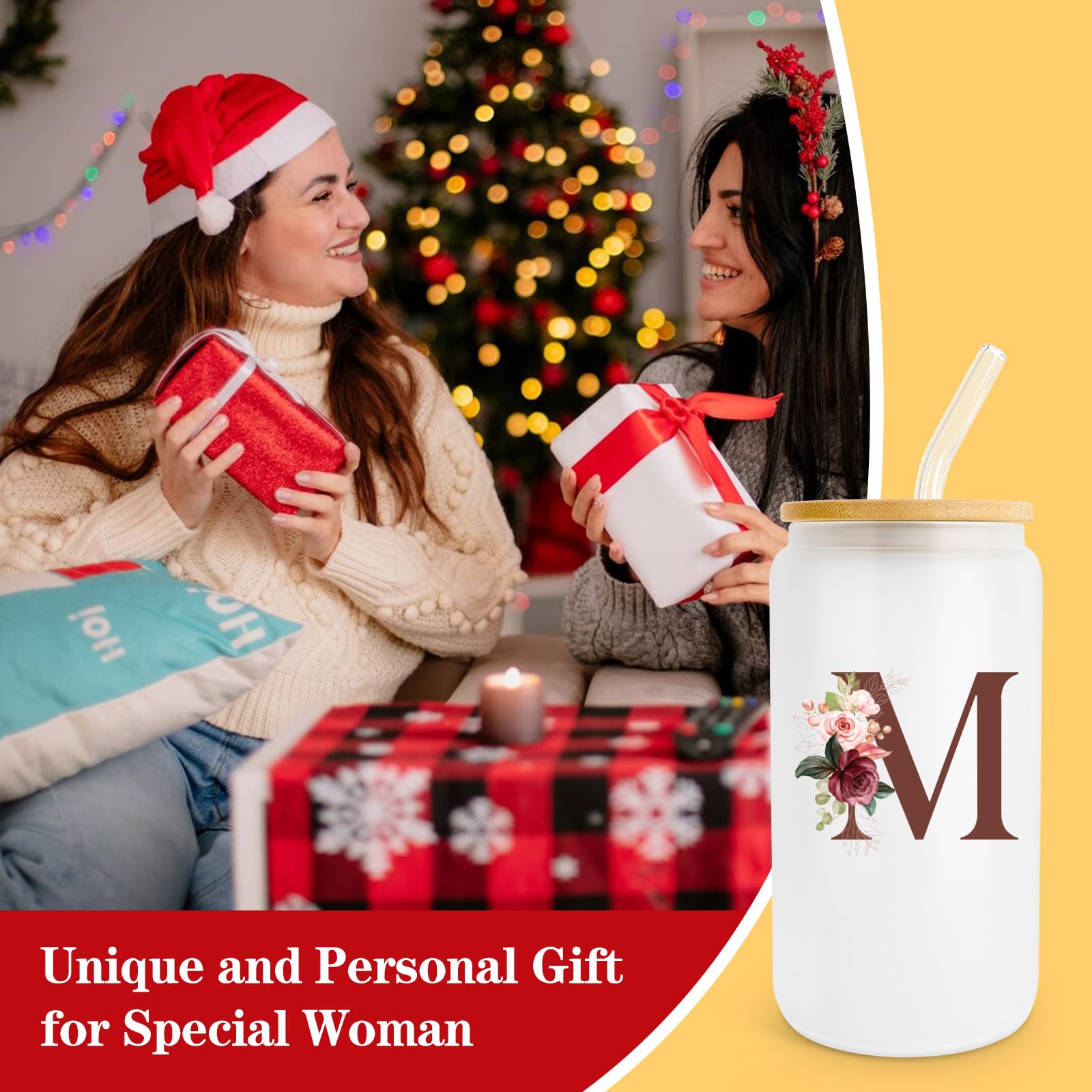 Birthday Gifts for Women, Personalized Gifts for Women, Monogrammed Initial Glass Cup - 16oz Glass Cups with Lids and Straws, Iced Coffee Cup, Beer Can Shaped Glass - Personalized Christmas Gifts M