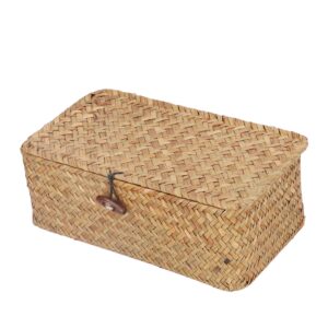 Topyond Wicker Storage Basket with Lid, Handwoven Seagrass Rattan Storage Basket, Durable Stylish Woven Box for Toys, Groceries, and Picnic Essentials, Natural Brown