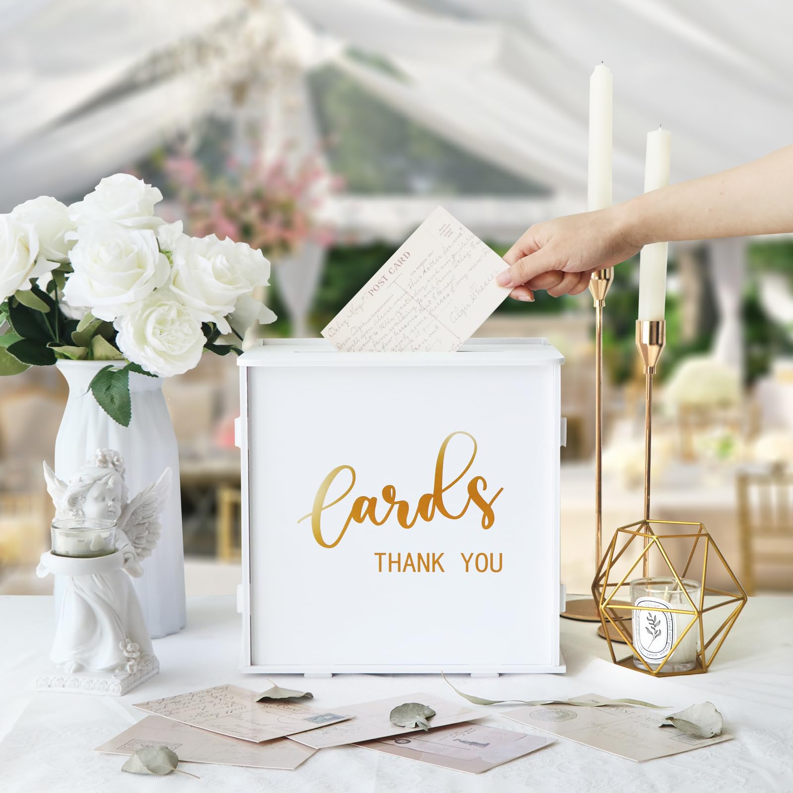 CYAOOI White Wedding Card Box with Slot, PVC Gift Card Box Holder for Wedding Reception, Gold Print Money Envelope Card Box for Party Graduation Birthday Baby Shower Decorations