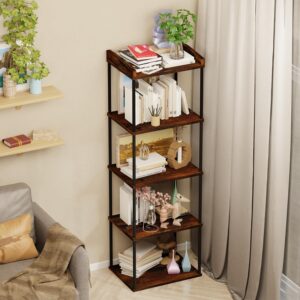 fnmobe 5-tier narrow book shelf, tall industrial wood bookcase, vintage storage rack and standing bookshelves display rack for home office, living room, bedroom, kitchen, rustic brown