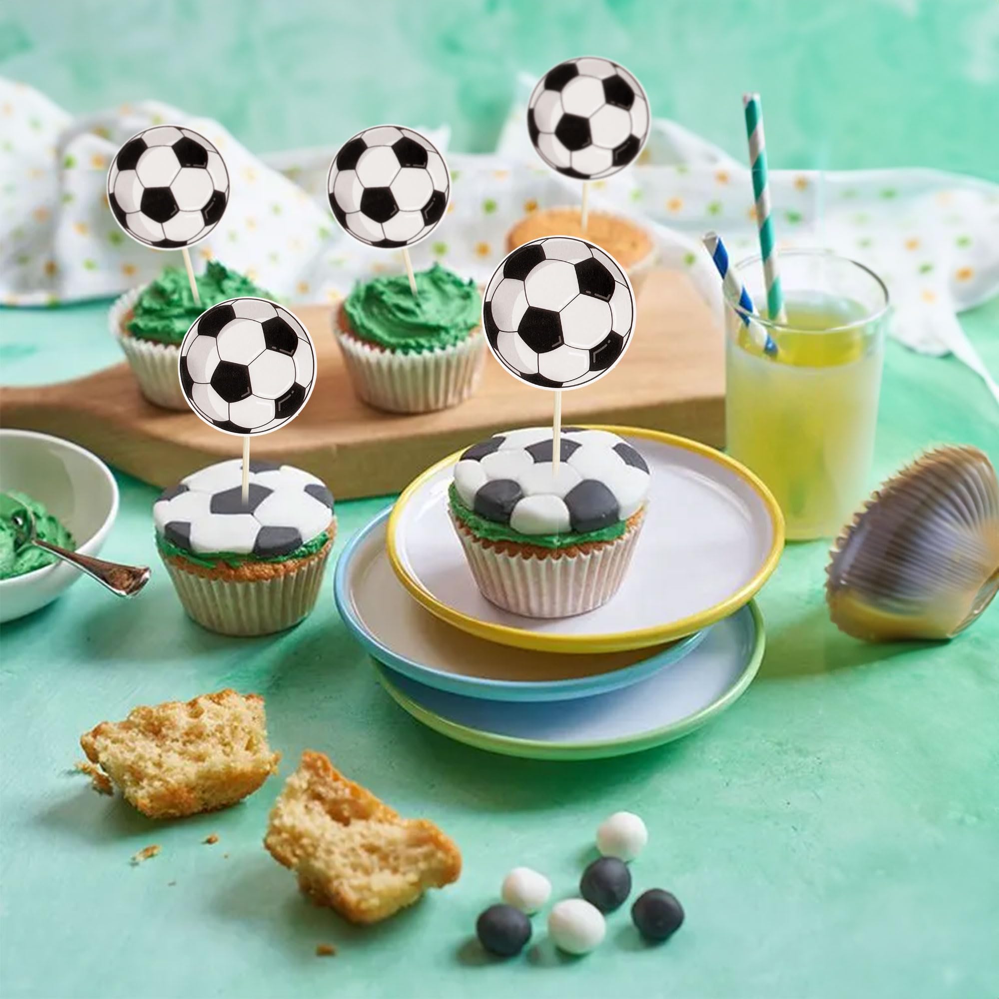 36Pcs Soccer Ball Cupcake Toppers Sports Theme Football Cupcake Food Toothpicks Baby Shower Cake Decorations for Sport Balls Theme Soccer Ball Kids Birthday Party Decorations