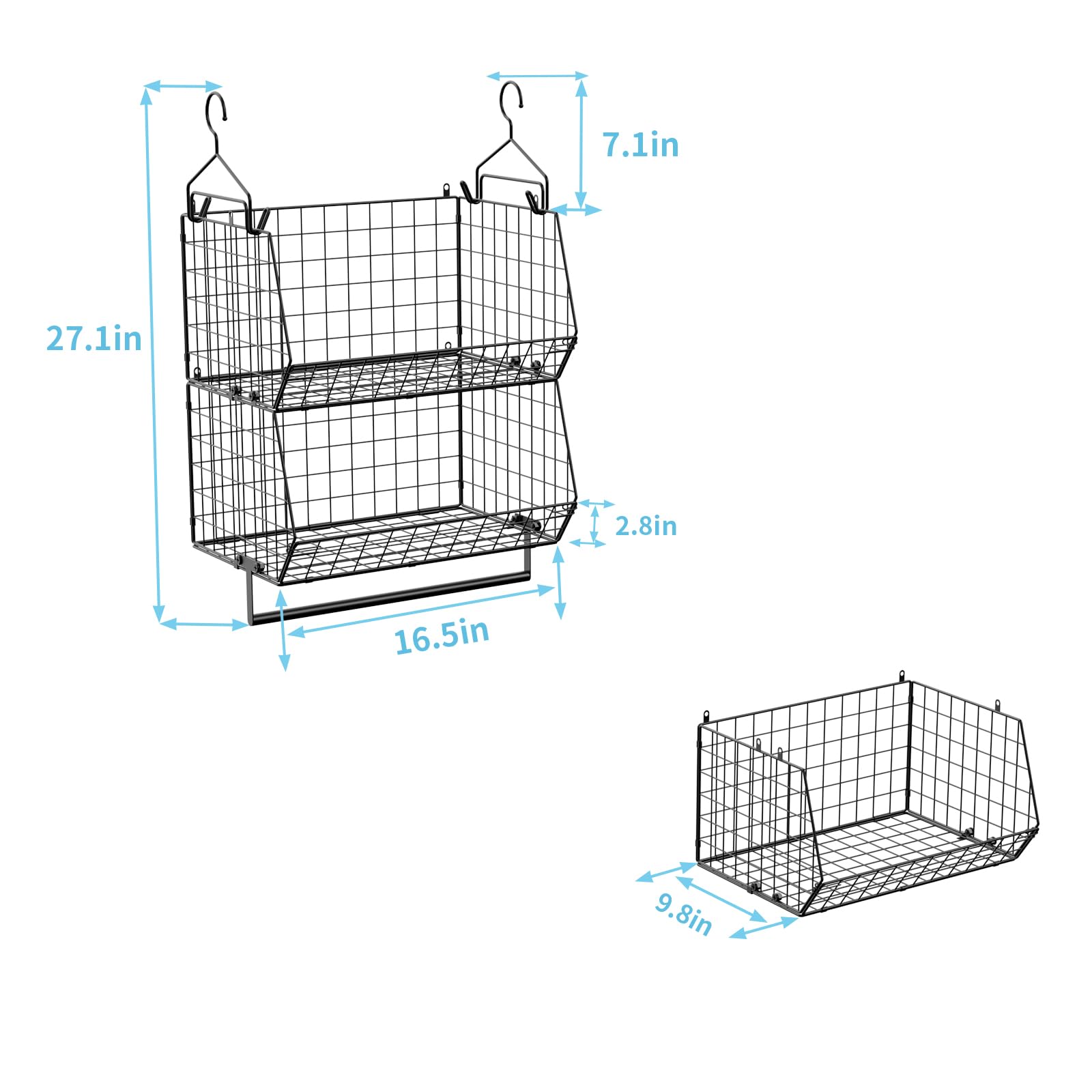 Yociyoga 2 Tier Closet Hanging Organizer with Rod, Foldable Hanging Closet Organizer, Hanging Closet Shelves with 4 Hooks,Wire Hanging Storage Basket Bins for Clothing Sweater Socks Bag Wardrobe Black