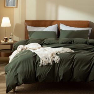 dark green duvet cover queen, 100% washed cotton linen like textured 3 pieces bedding set, queen duvet dark green, luxury relaxed feel natural wrinkled breathable soft comfy (dark green, queen)