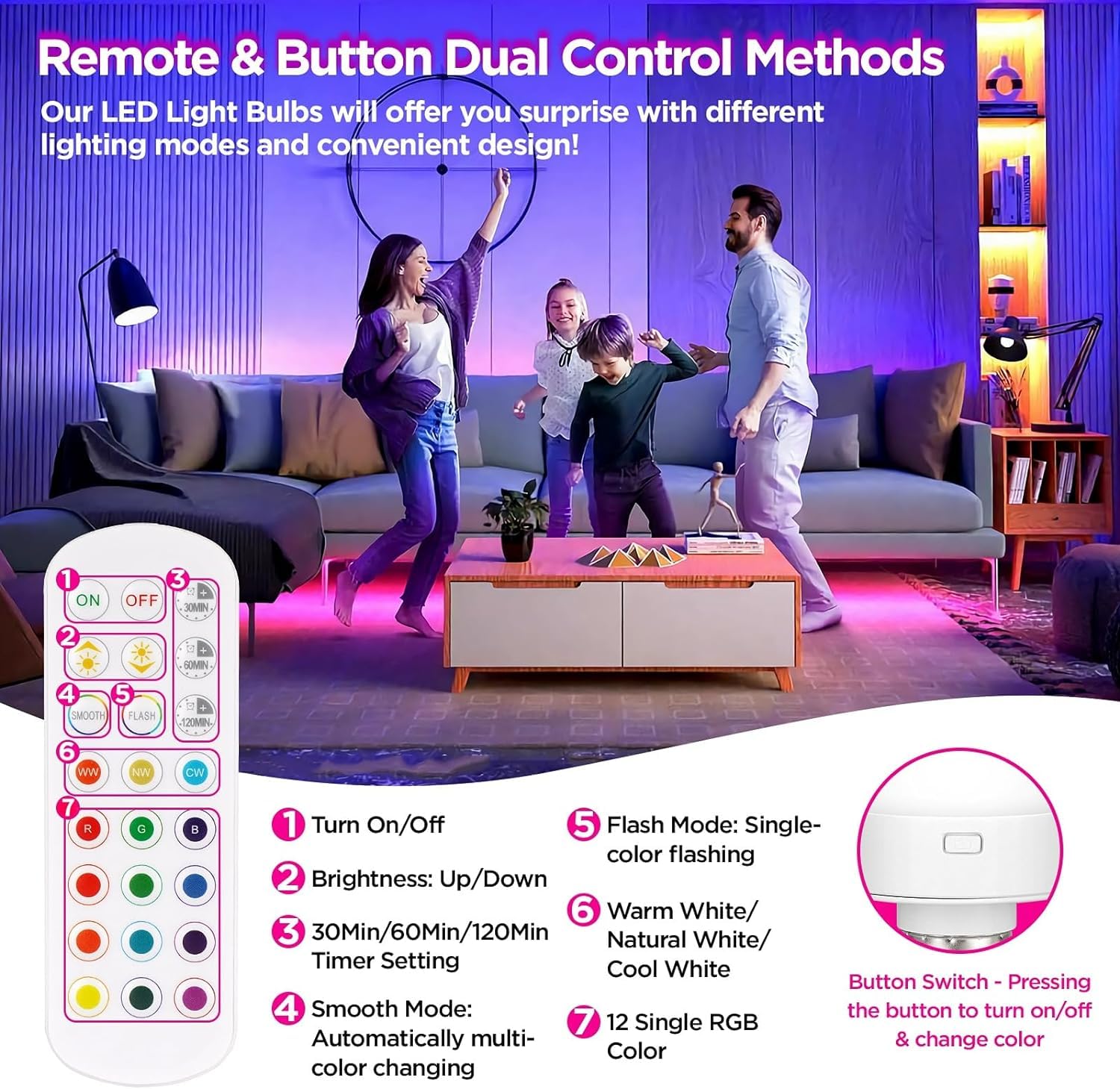 Rechargeable Battery Operated Light Bulb with Remote Control 2 Packs, 350LM Dimmable Detachable LED Bulb with 15 Colors Selectable & 3 Timer, Wireless Puck Light Bulb for Wall Sconce, Non-Hardwired