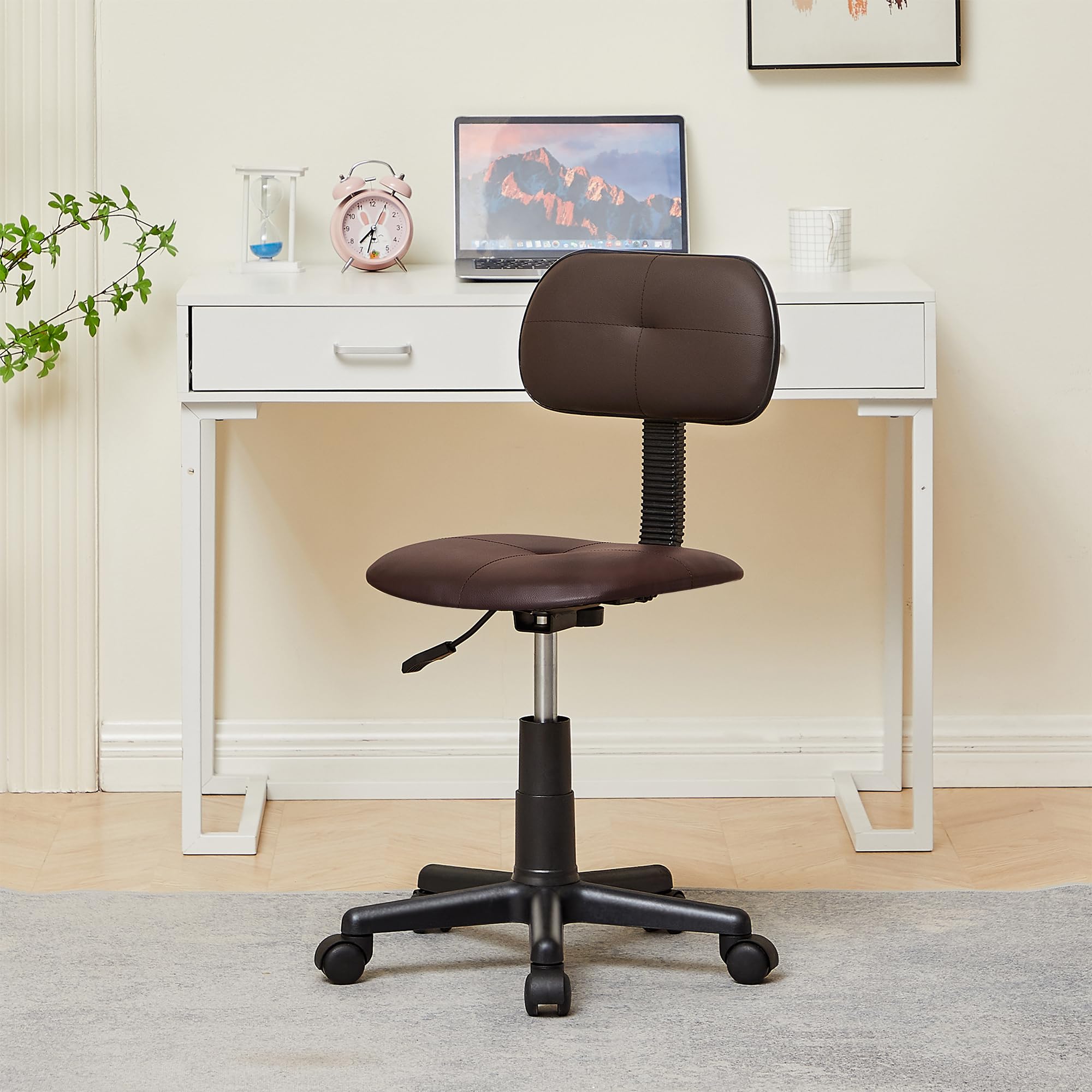 VECELO Small Armless Office Desk Chair with Wheels, Low-Back Height Adjustable Stools for Computer, 360° Swivel Rolling Task Chair, Coffee