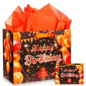 large happy birthday gift bags orange birthday gift bag with handle and tissue paper card birthday gift bags for kids adults birthday party bags birthday candy bags treat bags orange birthday suppy