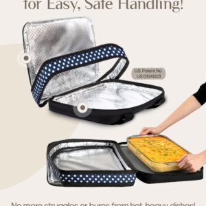 Premium Insulated Casserole Carrier with Heat-Resistant Mat for Hot or Cold Food – Fits 9”x13” or 11”x15” Baking Dishes, Lasagna Holder for Potlucks, Parties, Picnics, and Cookouts [Navy Polka Dot]