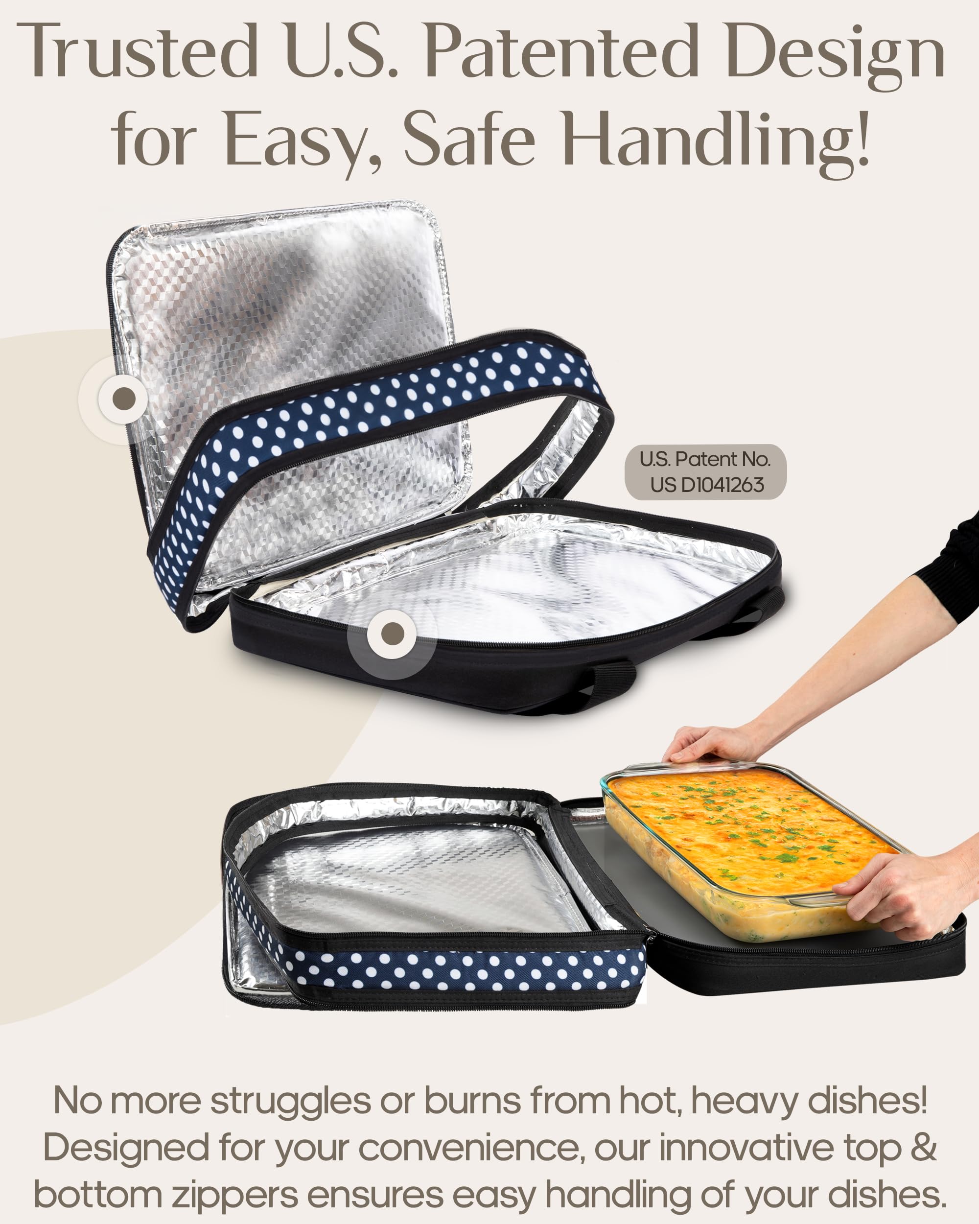 Premium Insulated Casserole Carrier with Heat-Resistant Mat for Hot or Cold Food – Fits 9”x13” or 11”x15” Baking Dishes, Lasagna Holder for Potlucks, Parties, Picnics, and Cookouts [Navy Polka Dot]