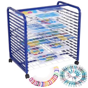 garvee art drying rack with 4 lockable wheels - metal art storage rack with 16 removable shelves, art organizer 18" d x 26" w x 26" h for art studio, artwork, craft room and desktop, blue