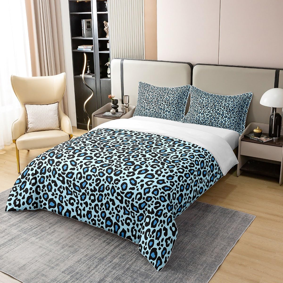 Castle Fairy Leopard Cheetah Pattern Duvet Cover Set 100% Natural Cotton Twin Size Leopard Print Blue Super Soft Bedding Set 2 PCS Wild Animal Skin Cotton Comforter Cover for Bedroom Decor