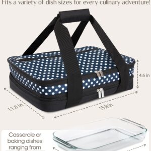 Premium Insulated Casserole Carrier with Heat-Resistant Mat for Hot or Cold Food – Fits 9”x13” or 11”x15” Baking Dishes, Lasagna Holder for Potlucks, Parties, Picnics, and Cookouts [Navy Polka Dot]