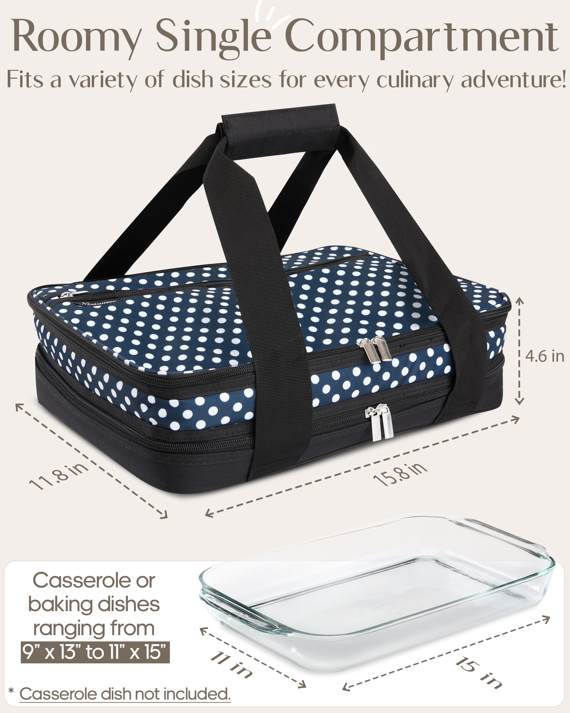 Premium Insulated Casserole Carrier with Heat-Resistant Mat for Hot or Cold Food – Fits 9”x13” or 11”x15” Baking Dishes, Lasagna Holder for Potlucks, Parties, Picnics, and Cookouts [Navy Polka Dot]