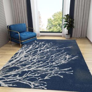 Navy Blue Ocean White Coral Area Rugs, Coastal Nautical Biology Theme Decorative Rug, with Anti-Slip Backing Washable Indoor Large Carpet for Living Room Bedroom Study Dining Room 5' x 6'